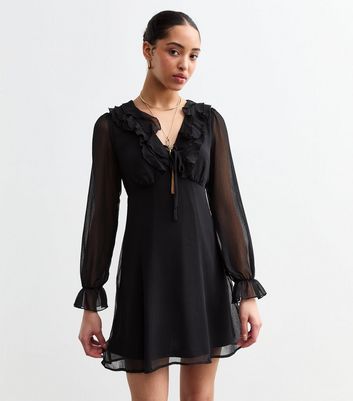 Black Ruffle Chiffon Long Sleeve Mini Dress | New Look