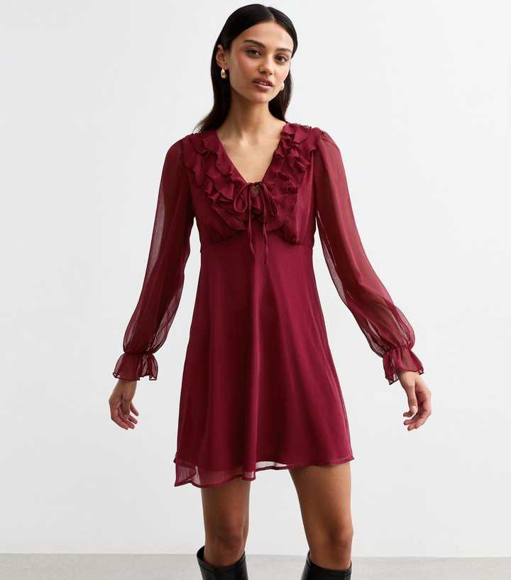 Red Ruffle Chiffon Long Sleeve Mini Dress | New Look
