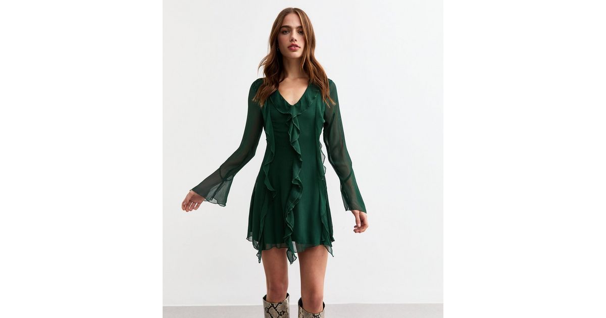 Dark Green Ruffle Trim Chiffon Mini Dress | New Look