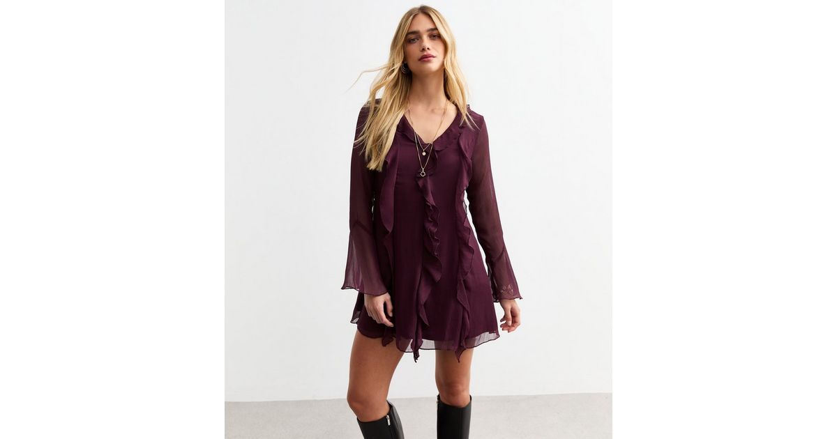 Burgundy Ruffle Trim Chiffon Mini Dress | New Look
