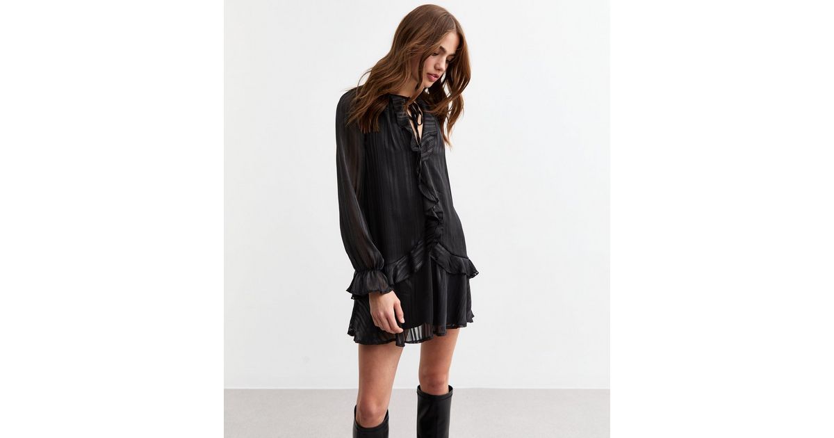 Black Sparkle Stripe Ruffled Chiffon Mini Dress | New Look