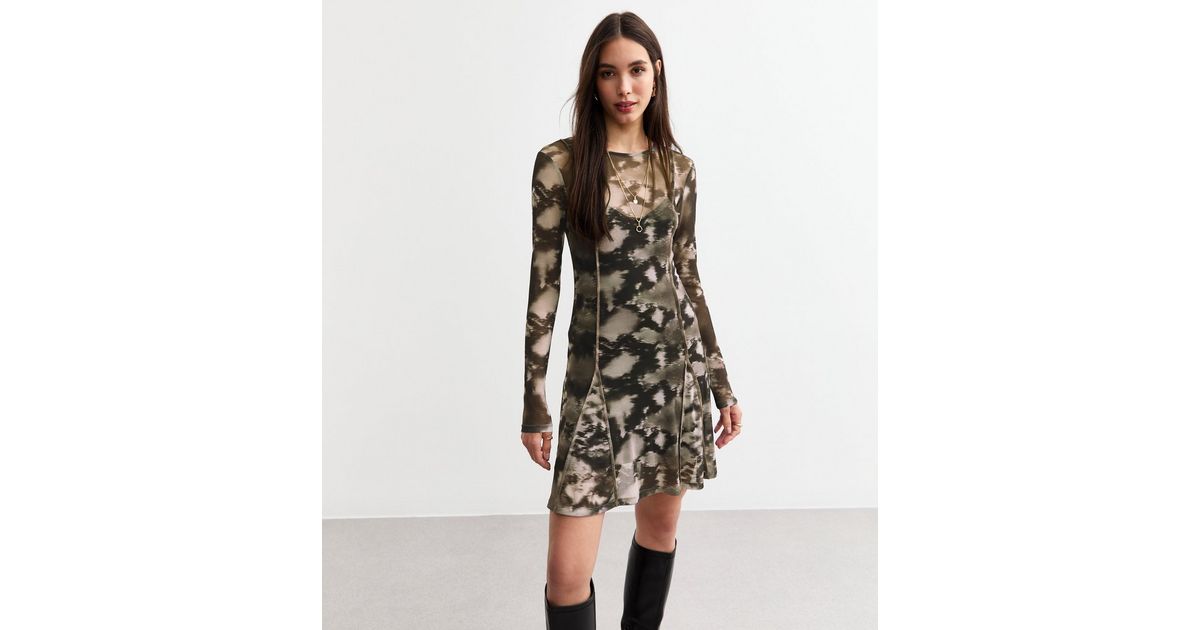 Grey Snake Print Godet Mesh Mini Dress | New Look