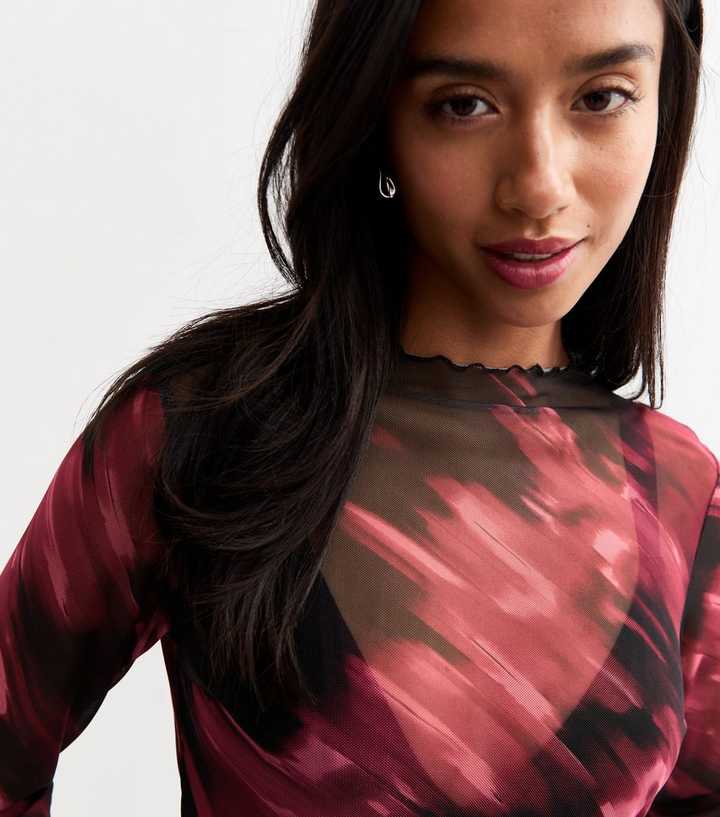 Petite Red Abstract Print Mesh Top | New Look