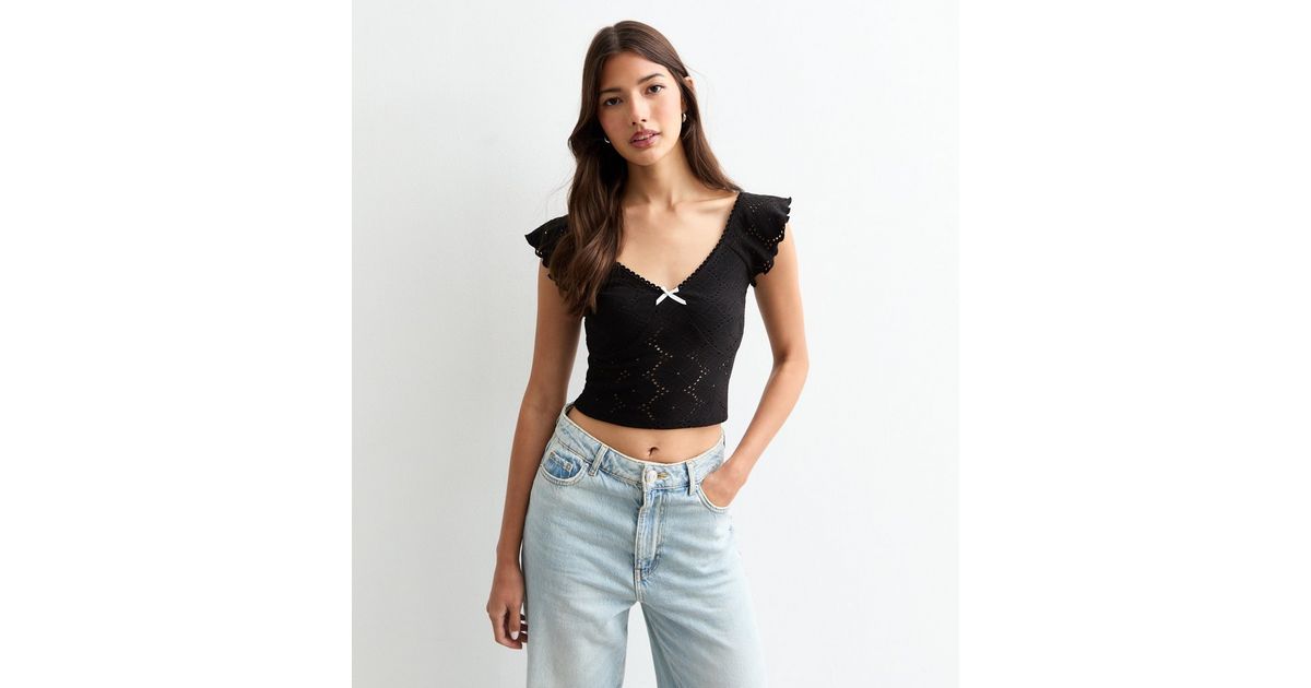 Black Floral Embroidered Bow Trim Top | New Look