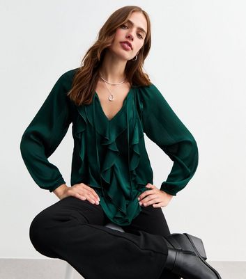 Green Satin V-Neck Ruffled Long Sleeve Top | New Look