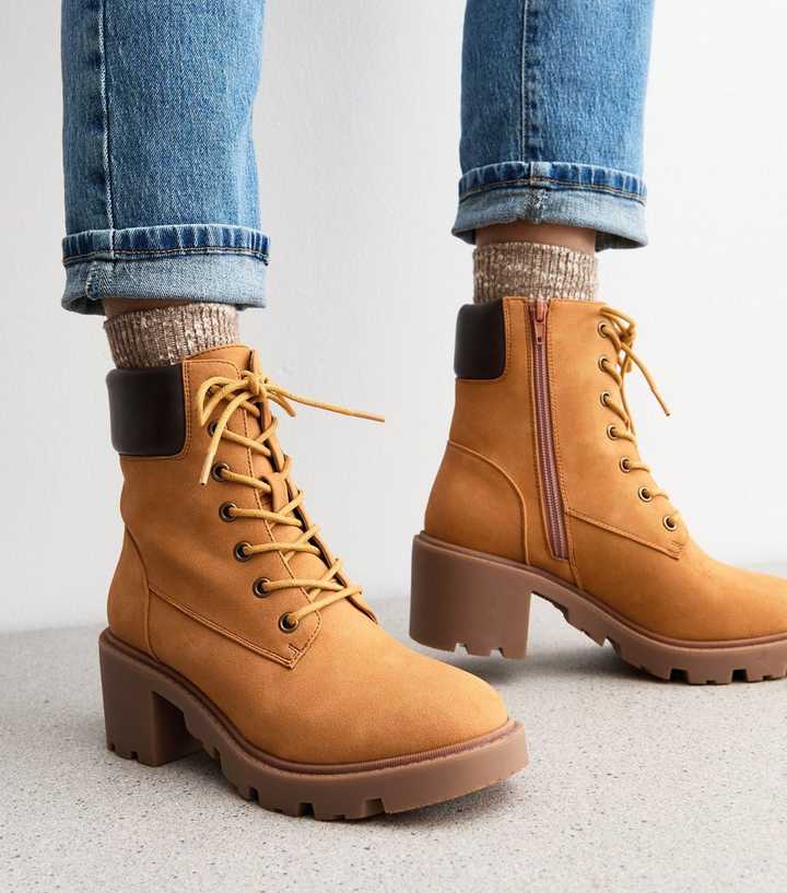 Wide Fit Tan Faux Nubuck Heeled Ankle Boots | New Look