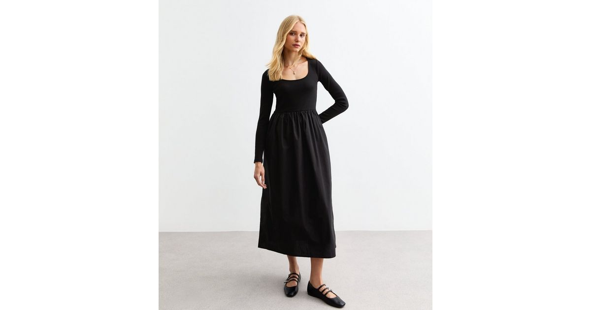 Black Cotton Poplin Mix Long Sleeve Midi Dress | New Look