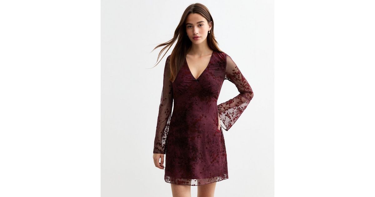 Red Mesh Floral V-Neck Mini Dress | New Look