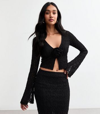 Black Corsage Textured Lace Crop Top | New Look