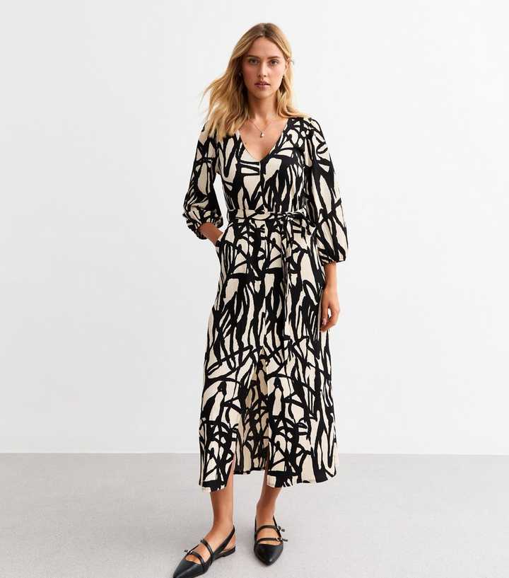 Black Abstract Print Belted Midi Dress | New Look