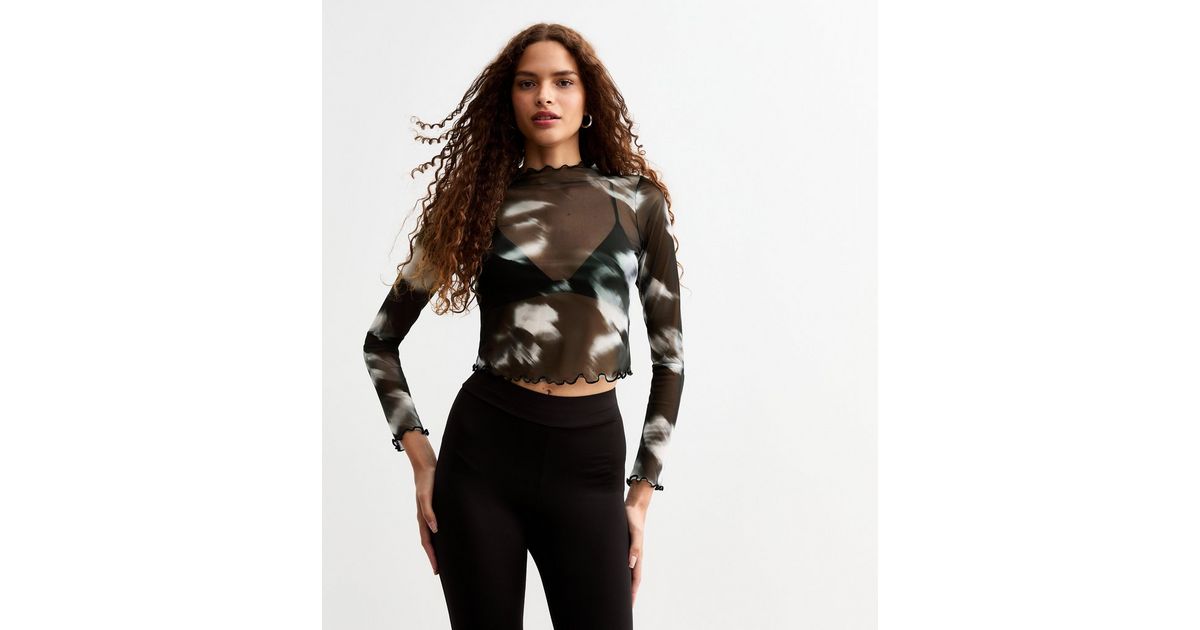 Black Abstract Print Mesh Long Sleeve Top | New Look