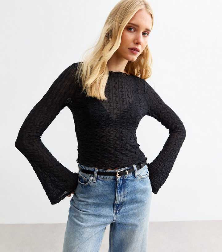 Black Textured Flared Sleeve Top | New Look