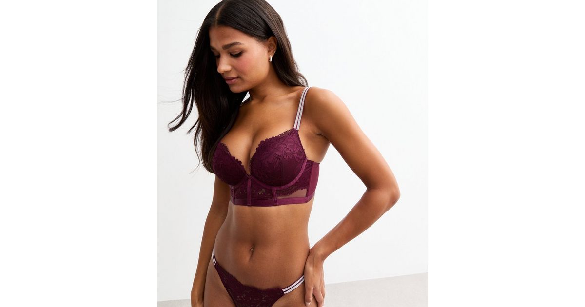 Burgundy Floral Lace Diamantè Strap Longline Push Up Bra | New Look