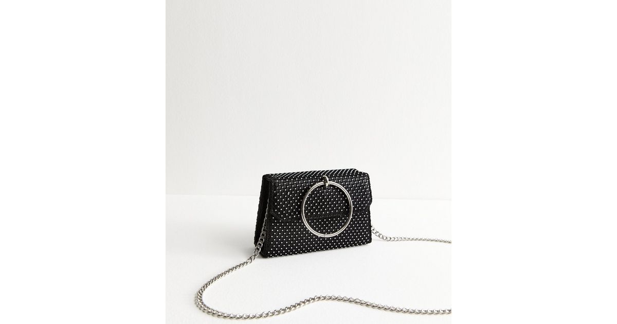 Black Crystal Hoop Handle Satin Clutch Bag | New Look