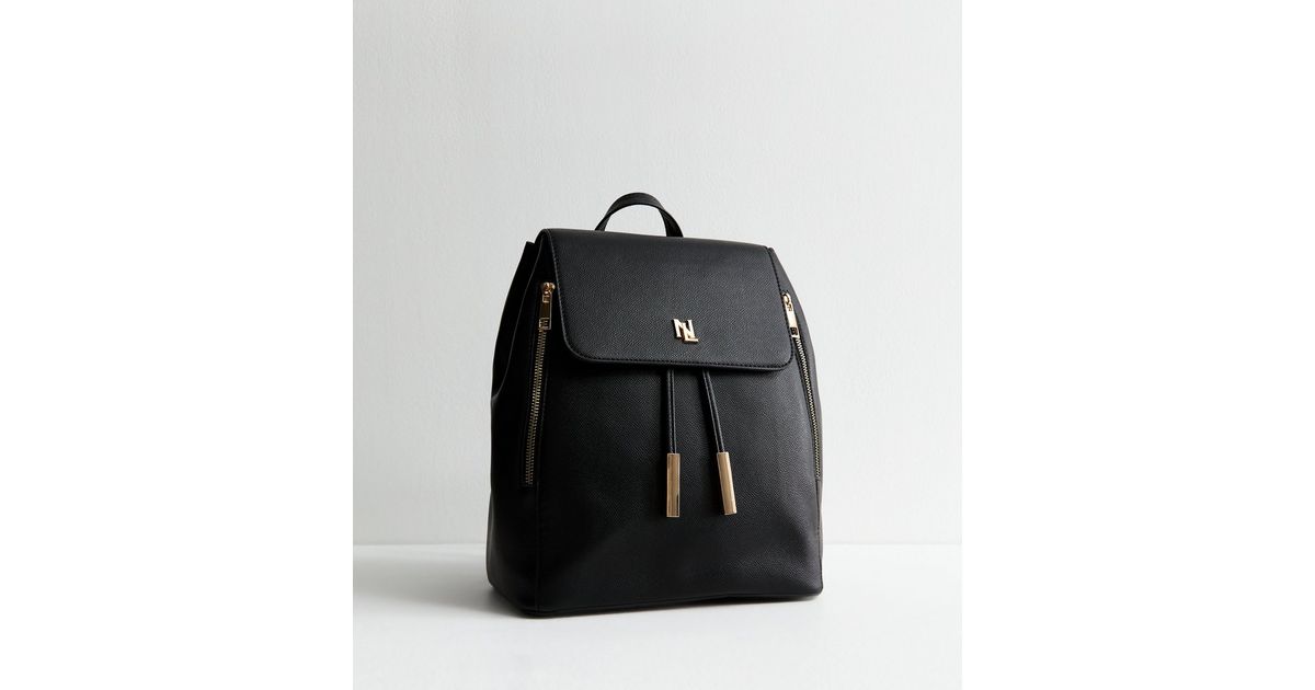 Black Logo Plaque Faux Leather Backpack | New Look