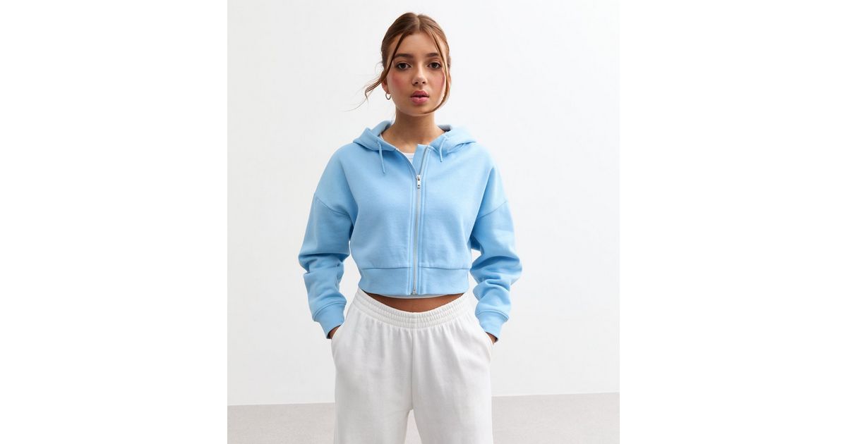 Girls Light Blue Oversized Cropped Jersey Hoodie | New Look