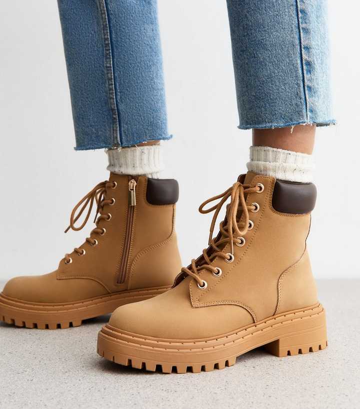 Wide Fit Tan Leather-Look Lace Up Boots | New Look