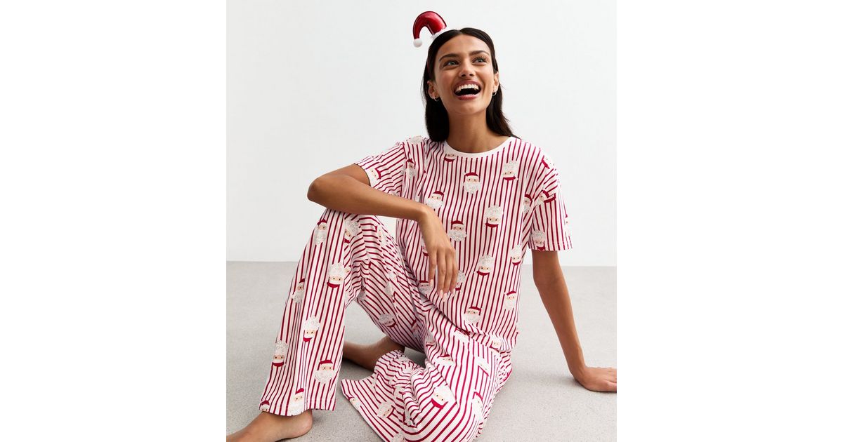 White Christmas Santa Stripe Cotton Long Pyjama Set | New Look
