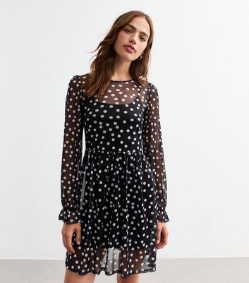 Black Polka Dot Mesh Long Sleeve Mini Smock Dress New Look