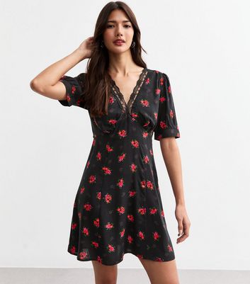 Black Floral Print Lace Trim Mini Tea Dress | New Look