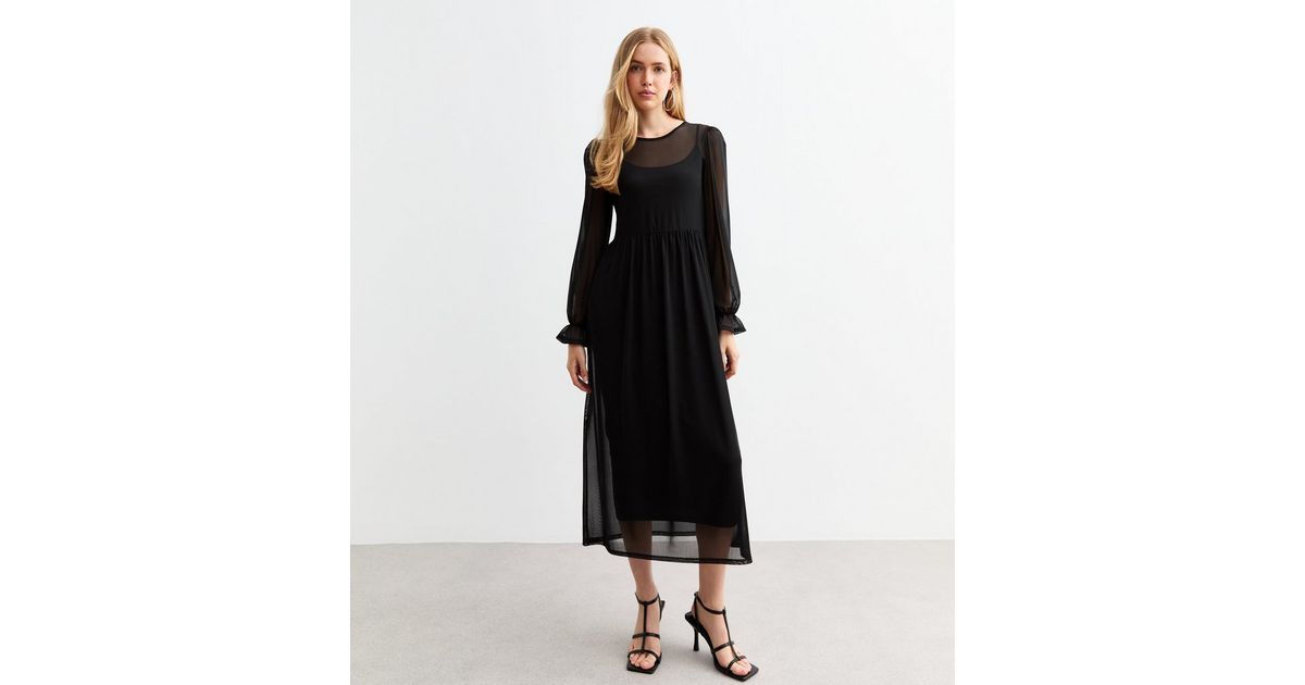Black Mesh Long Sleeve Midi Smock Dress | New Look