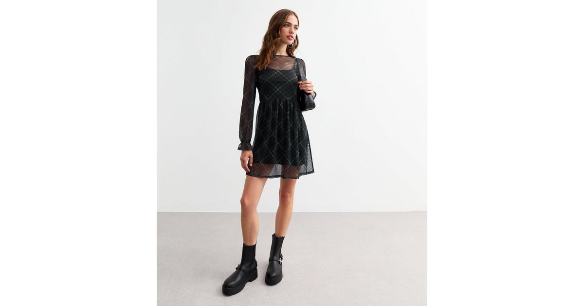 Black Checked Mesh Long Sleeve Mini Dress | New Look