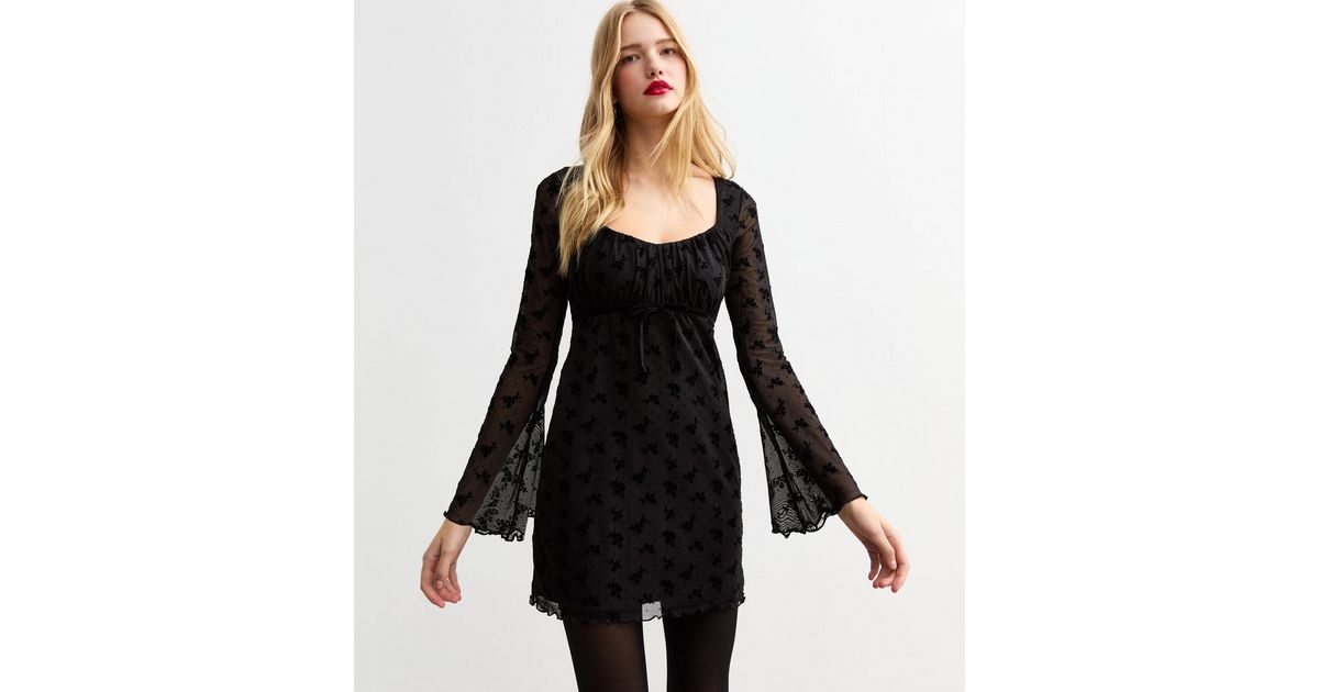 Black Flocked Mesh Mini Dress | New Look