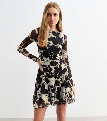 Black Cow Print Mesh Tie Back Micro Mini Dress | New Look