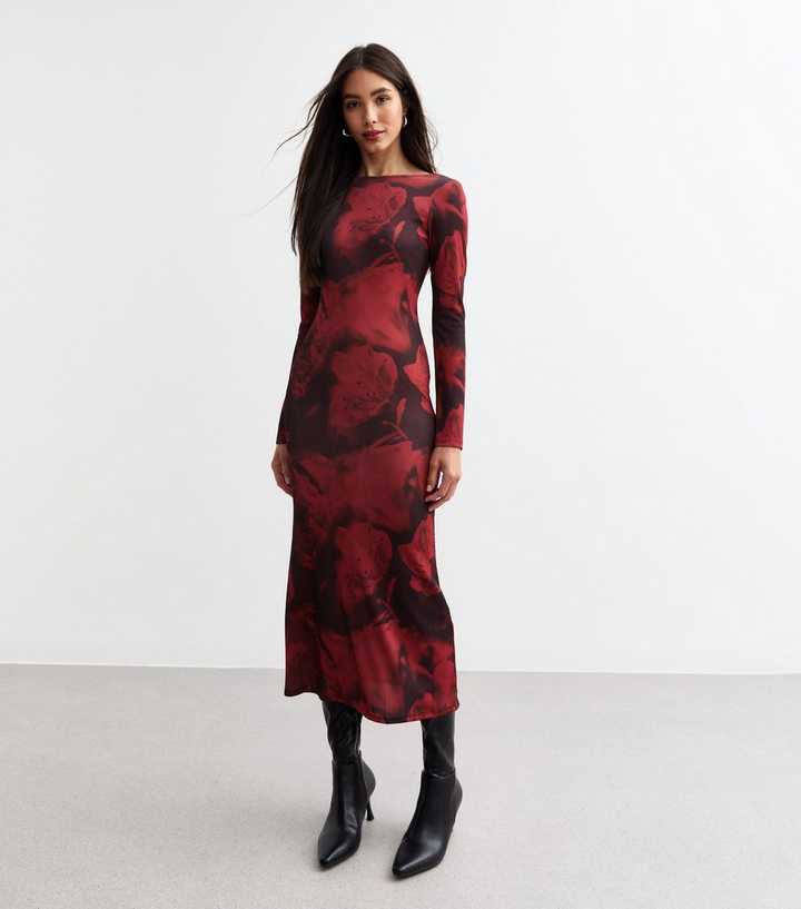 Red Floral Print Ribbed Jersey Midi Dress | New Look