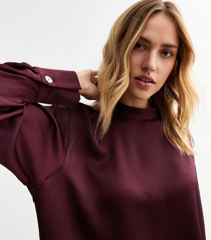 Burgundy High Neck Satin Top | New Look