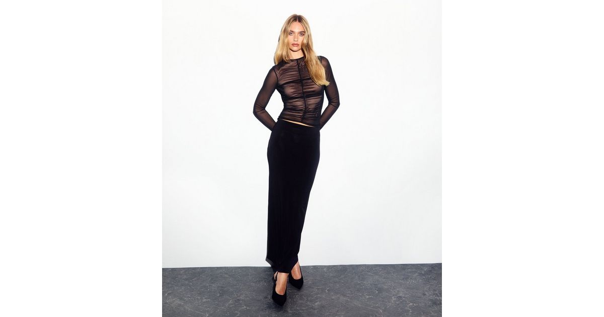 Black Ruched Front Mesh Long Sleeve Top | New Look