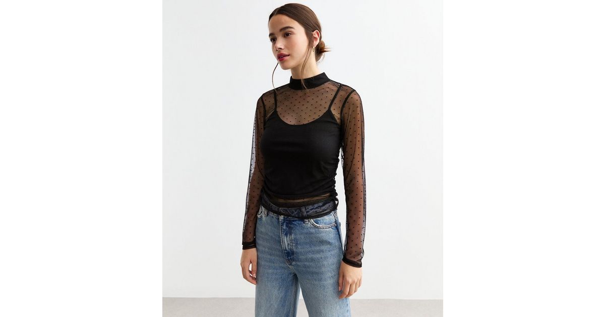 Black Mesh Spot Long Sleeve High Neck Top | New Look