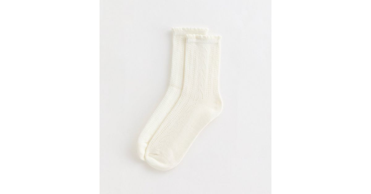 Cream Frill Edge Cable Knit Socks | New Look