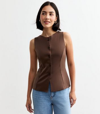 Brown Crew Neck Button Down Top | New Look