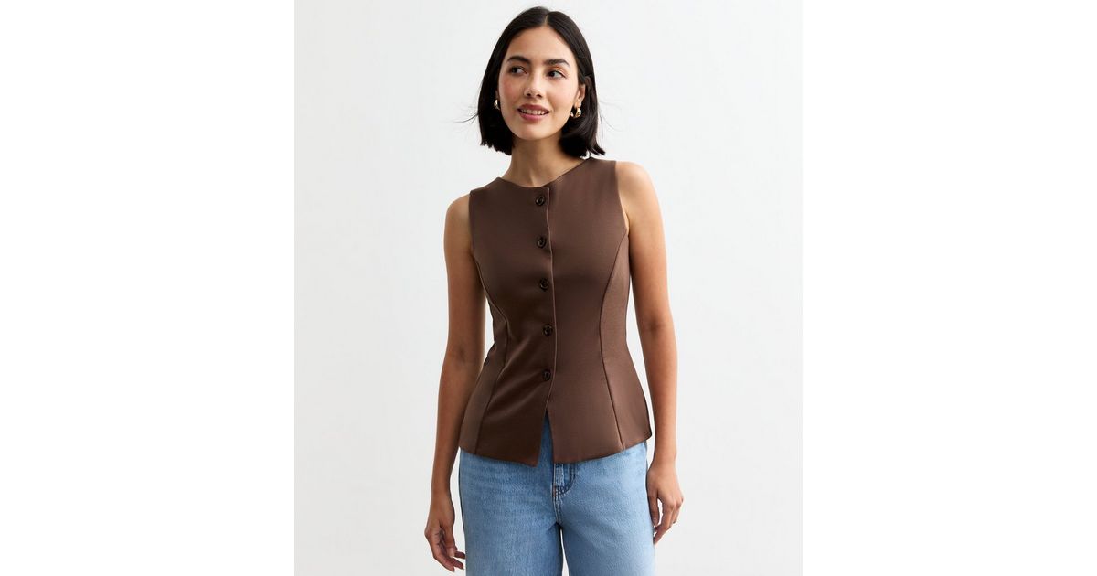 Brown Crew Neck Button Down Top | New Look