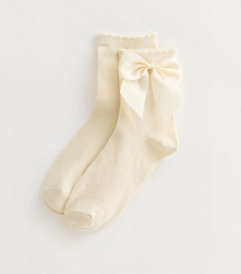 Cream Satin Bow Tube Socks | New Look