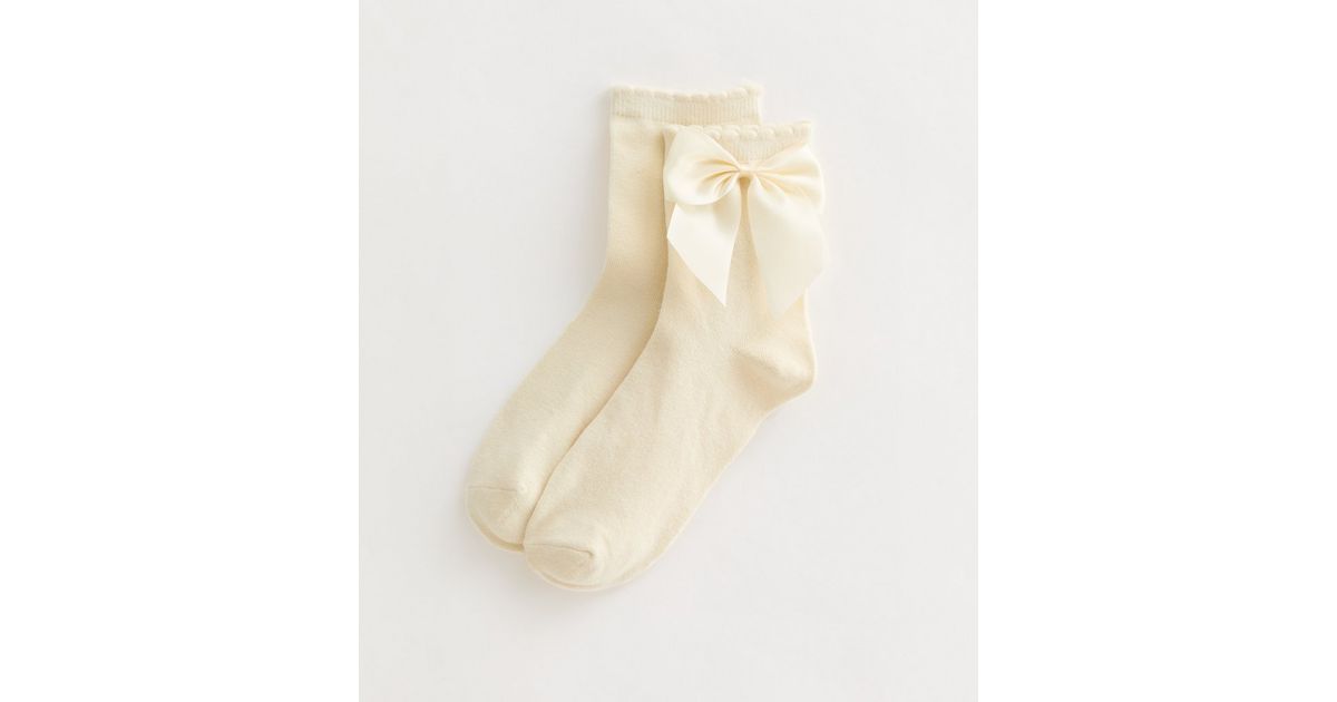 Cream Satin Bow Tube Socks | New Look
