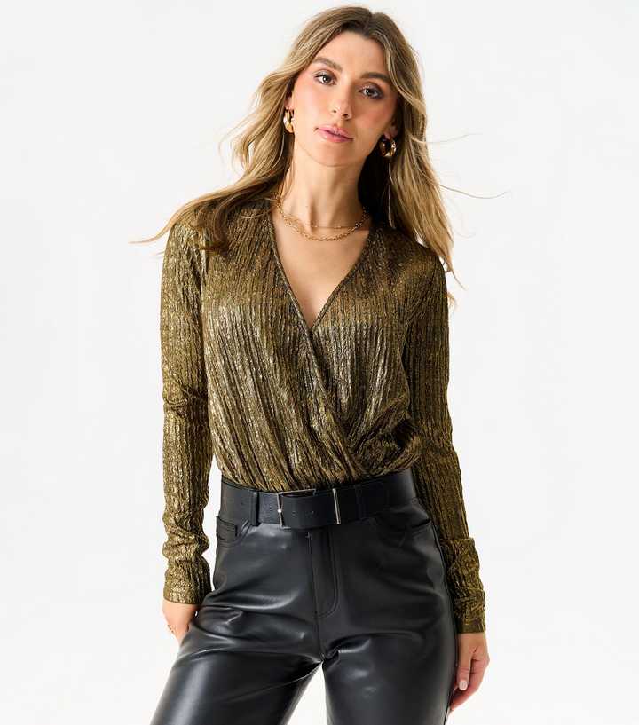 Gini London Gold Plisse Wrap Bodysuit | New Look