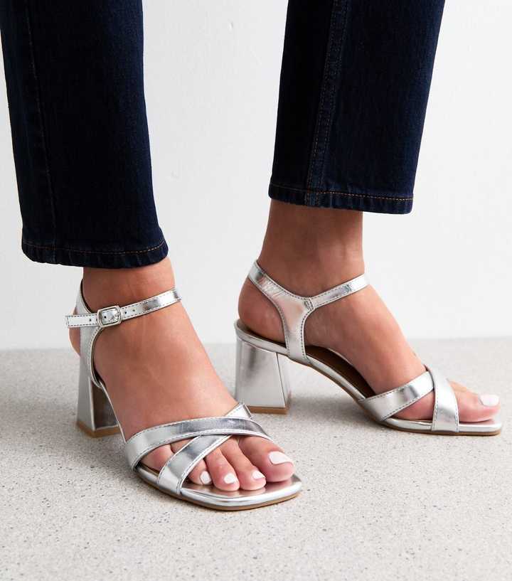 Silver Crossover Strap Block Heel Sandals | New Look
