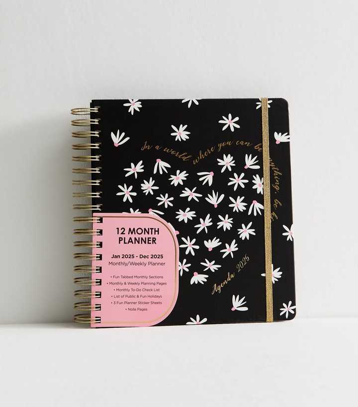 Black Daisy Print 12-Month Planner | New Look