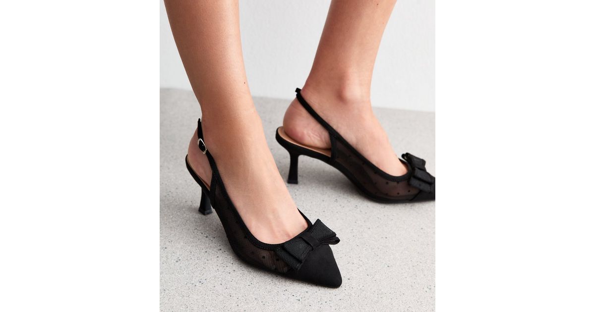 Wide Fit Black Bow Appliquèd Mesh Slingback Court Shoes | New Look