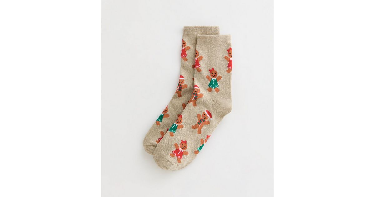 Cream Gingerbread Man Sparkle Christmas Socks | New Look
