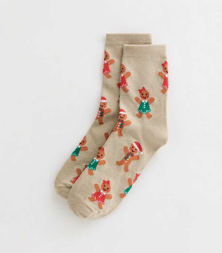 Cream Gingerbread Man Sparkle Christmas Socks | New Look