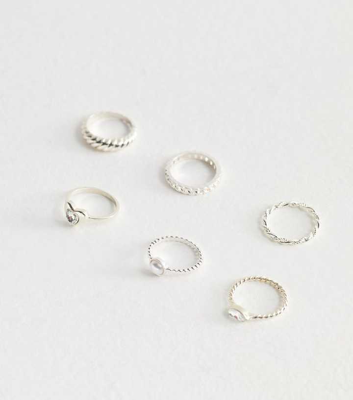 Pack of 6 Silver Tone Diamanté Rings | New Look