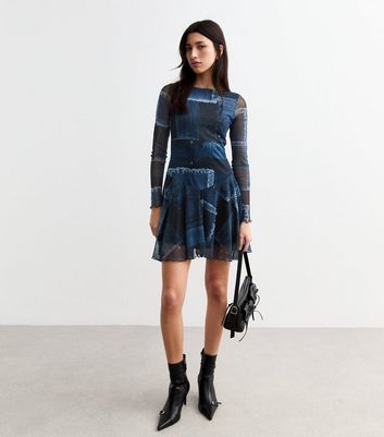 Blue Denim Print Tie Back Mesh Mini Dress | New Look