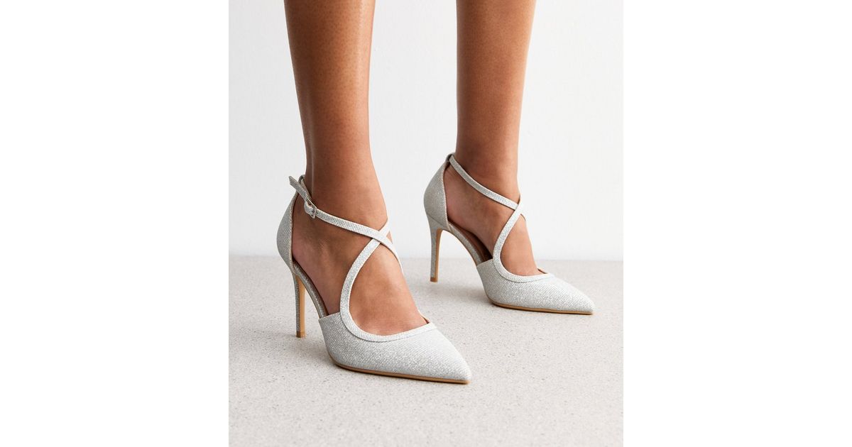 Wide Fit Silver Crossover Strap Stiletto Heel Court Shoes | New Look
