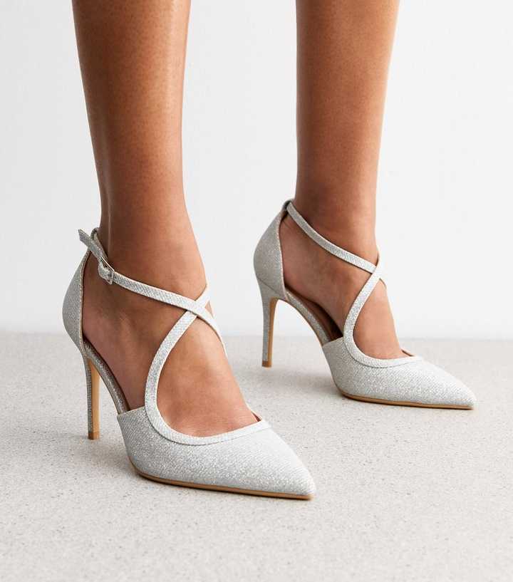 Wide Fit Silver Crossover Strap Stiletto Heel Court Shoes | New Look
