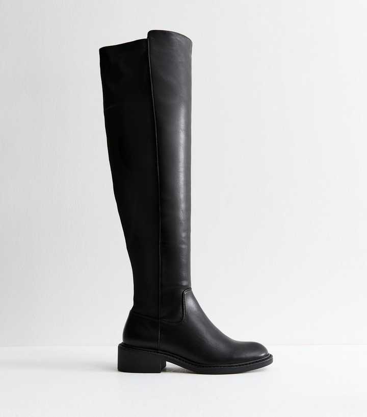 Black Contrast Panel Faux Leather Over The Knee Boots | New Look