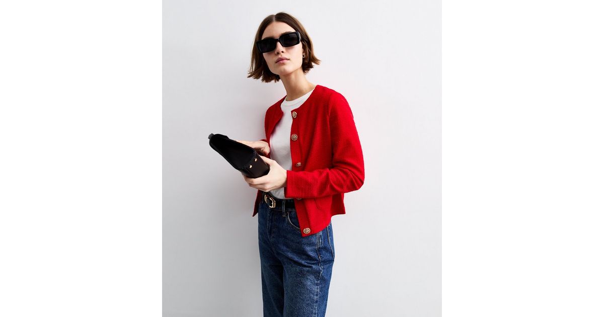 Red Boucle Jersey Cardigan | New Look