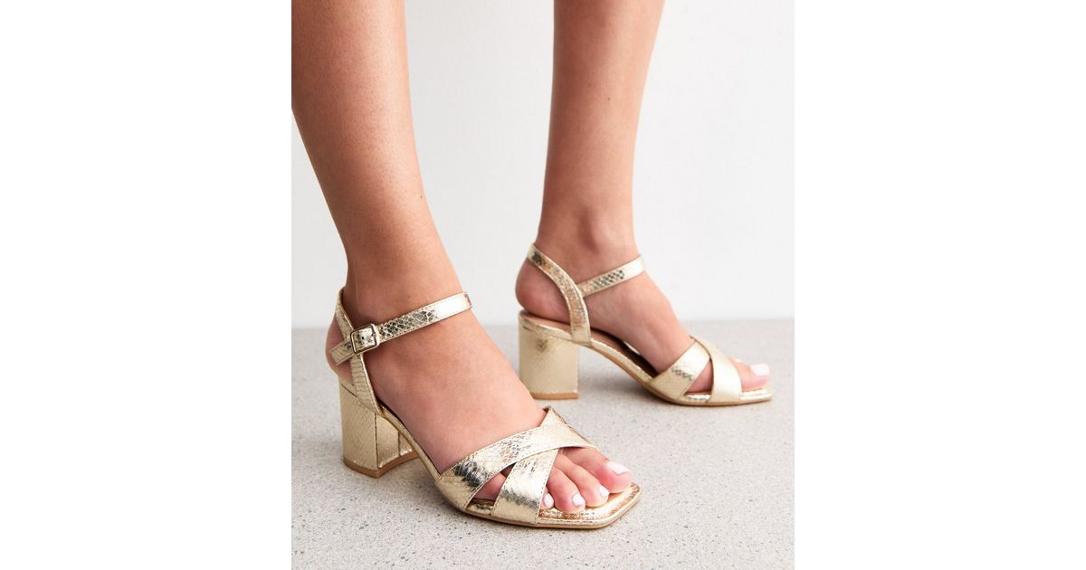 Wide Fit Gold Snake Effect Block Heel Sandals | New Look